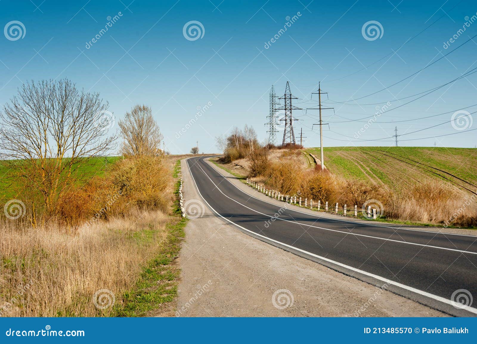 Early Spring Scene with Trees, Green Fields and a Big Road Stock Photo ...
