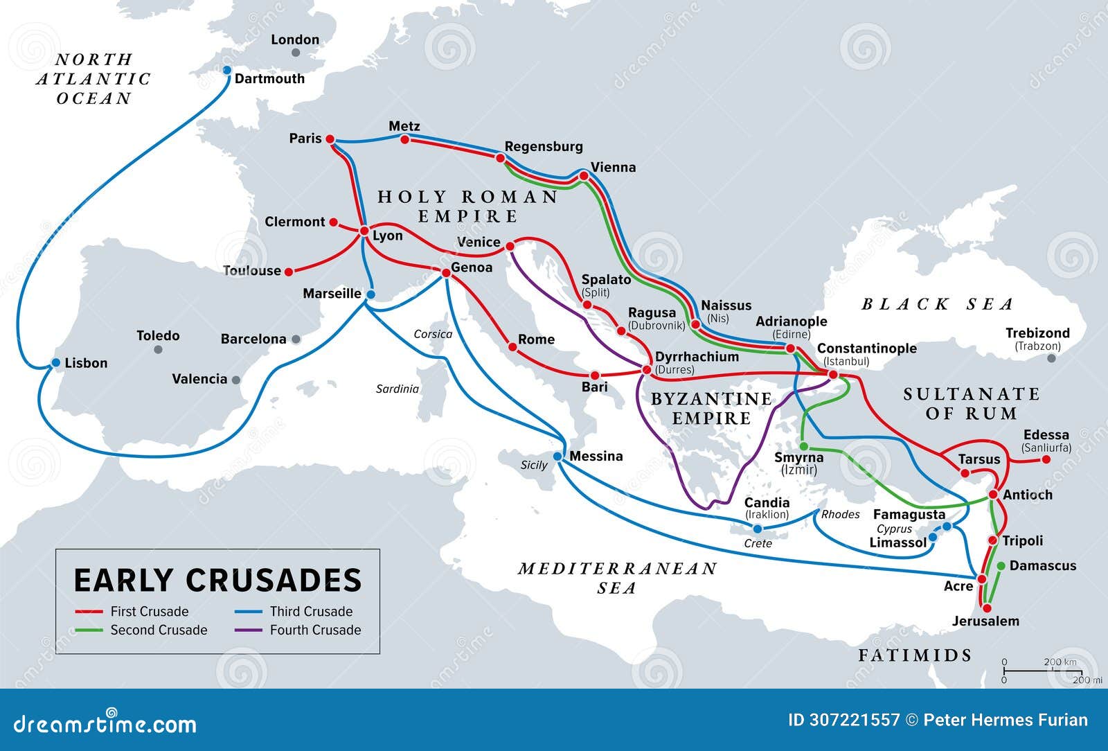 Early Crusades, Gray History Map Of The First Crusades To Holy Land ...