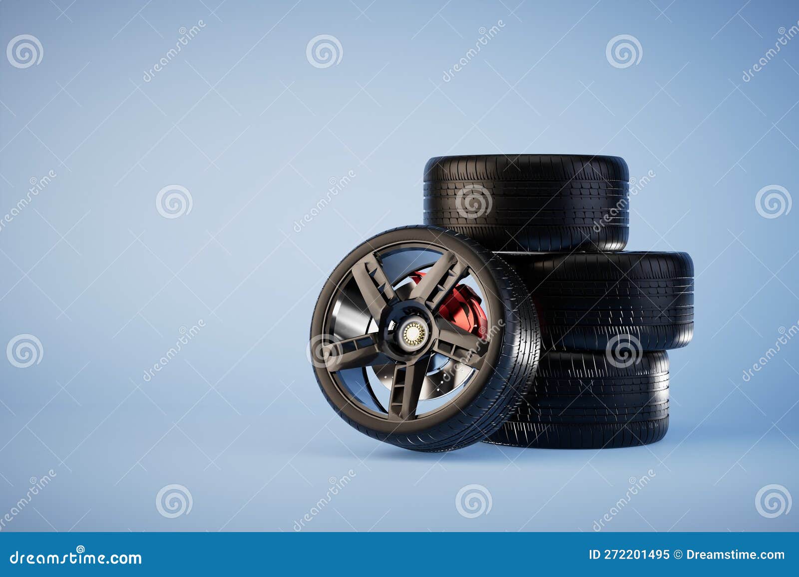 Earnings at the Tire Service. a Stack of Wheels of the Car on a Blue ...