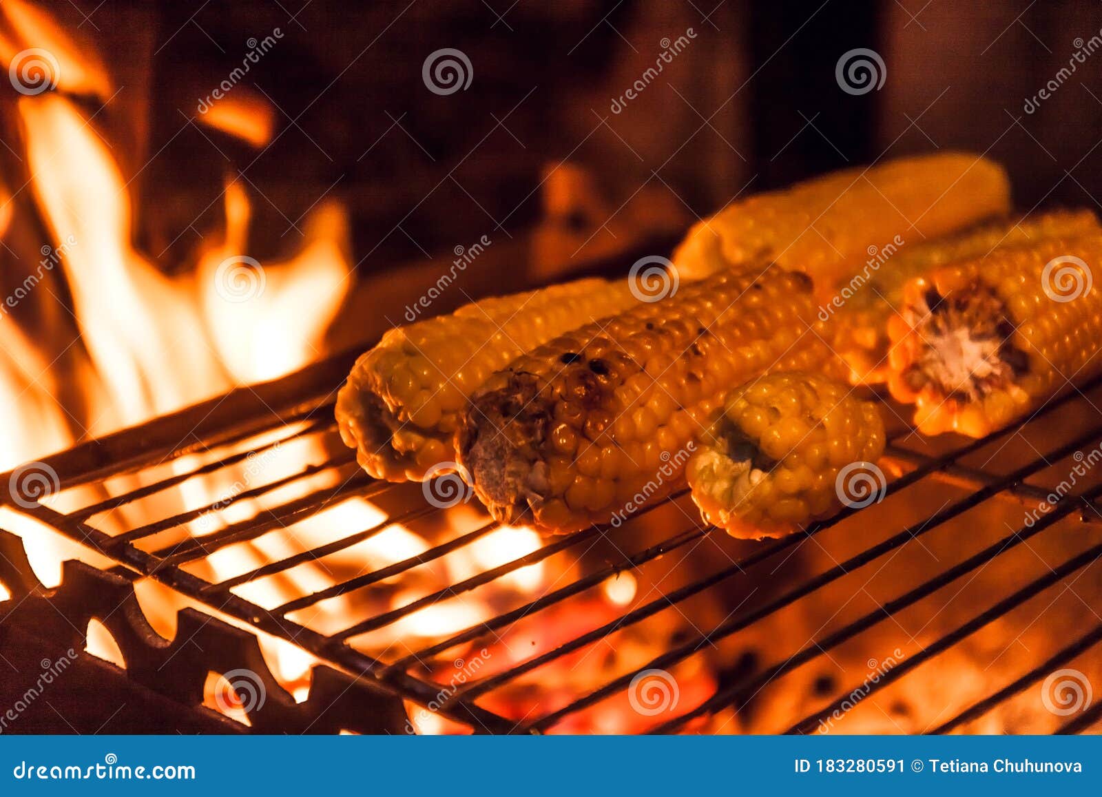 Ears of Corn on a Grill Over High Heat, Night Shooting. Stock Image ...