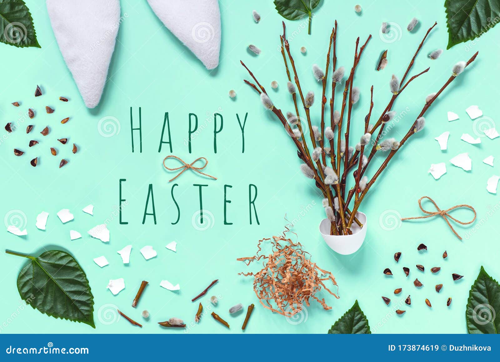 Ears of a Hare, Branches with Kidneys, Eggshells, Green Leaves, on a ...