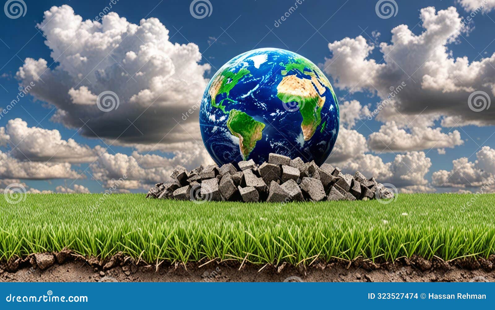 Earth on a Background of Grass and Clouds Versus a Ruined Earth on a ...