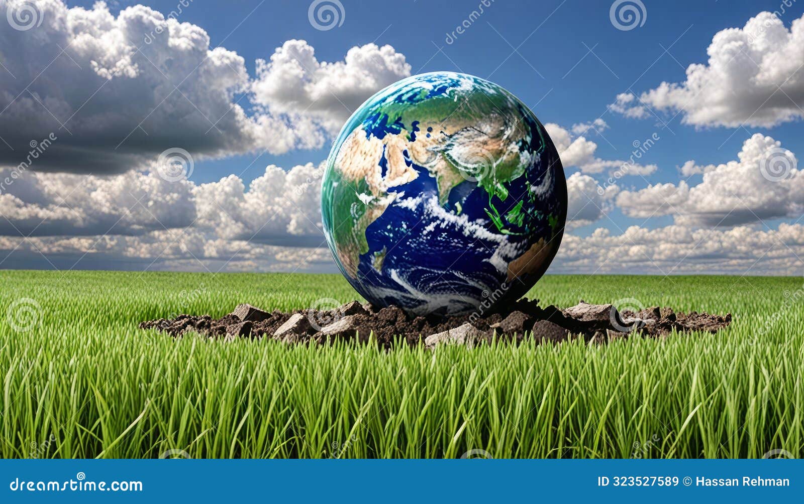 Earth on a Background of Grass and Clouds Versus a Ruined Earth on a ...