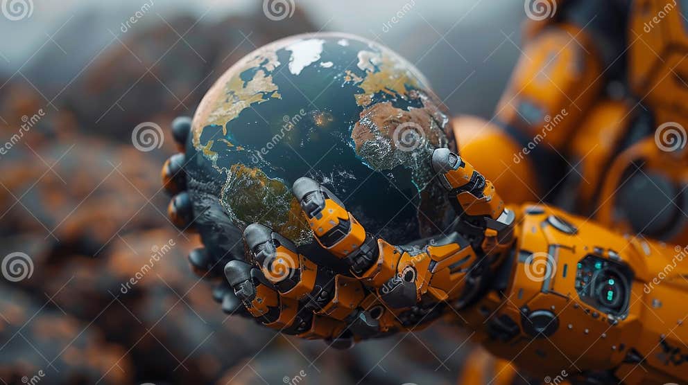 Earth ball in robots hand stock photo. Image of ocean - 347316092