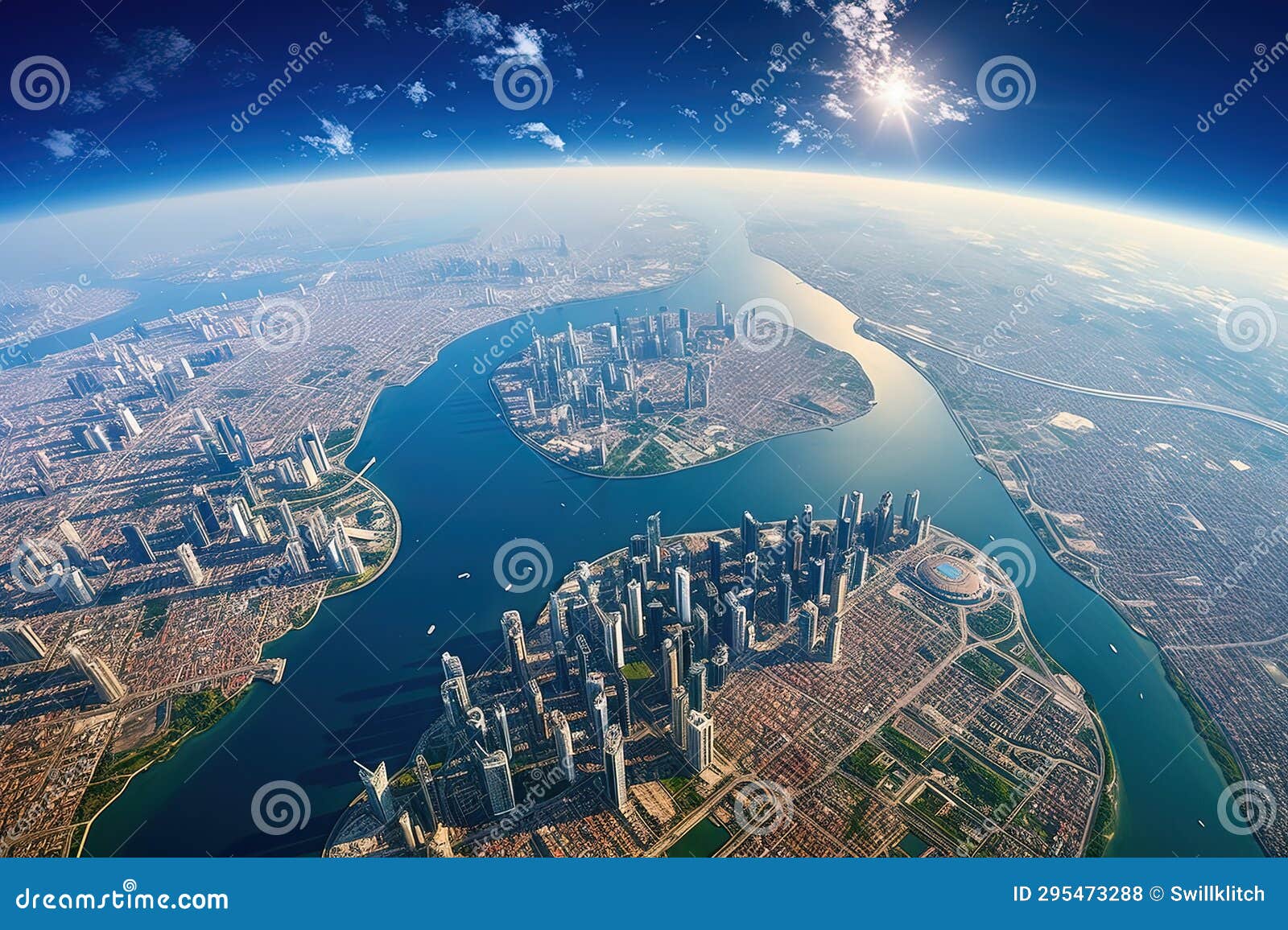 Earth and City Space View. Satellite or Plane View of the Planet ...