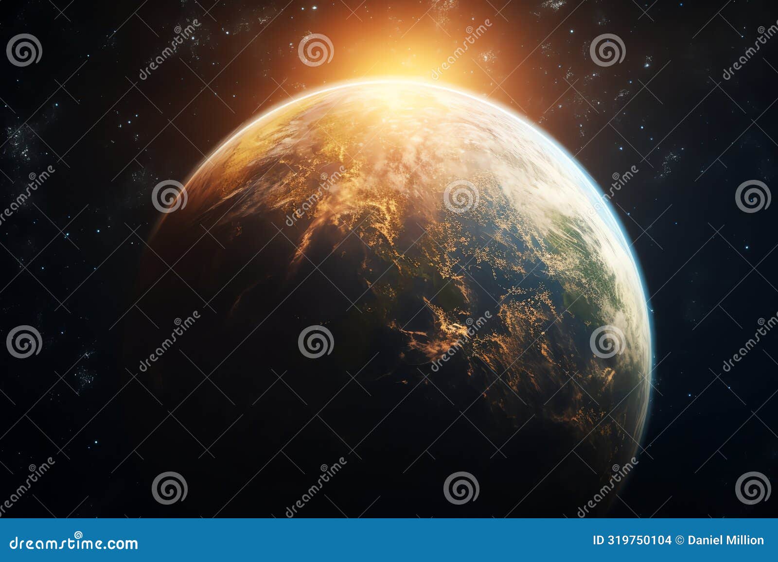 Earth Close Up Illustration with Backlight in Outer Space, Solar System ...
