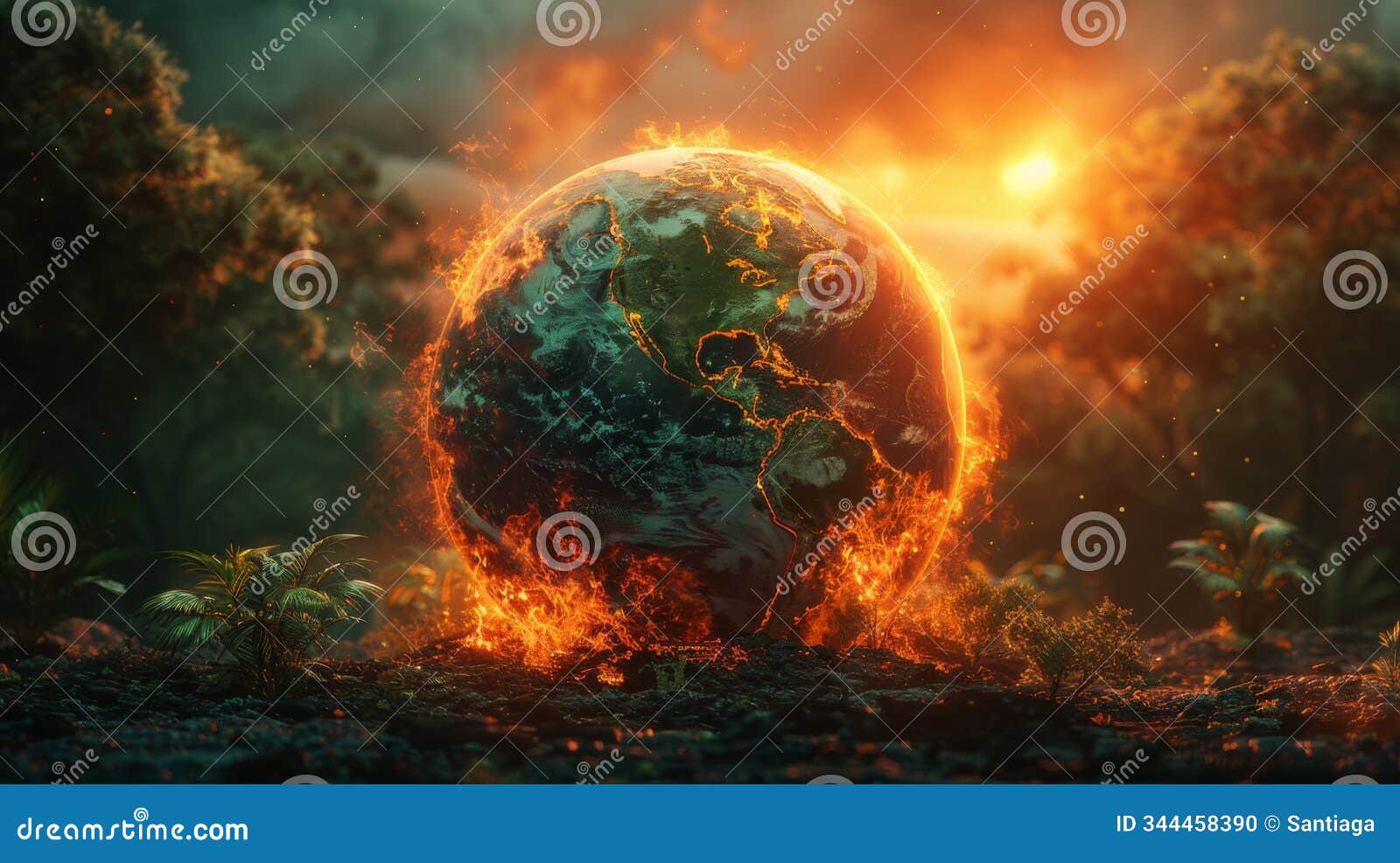 Earth in Danger. Earth Engulfed in Flames or Covered in Pollution Stock ...