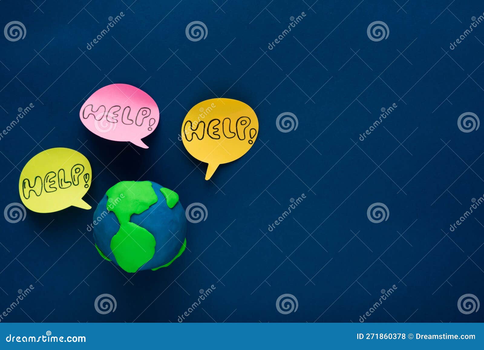 Earth Day. Globe on Blue Background with Three HELP Messages. Copy ...