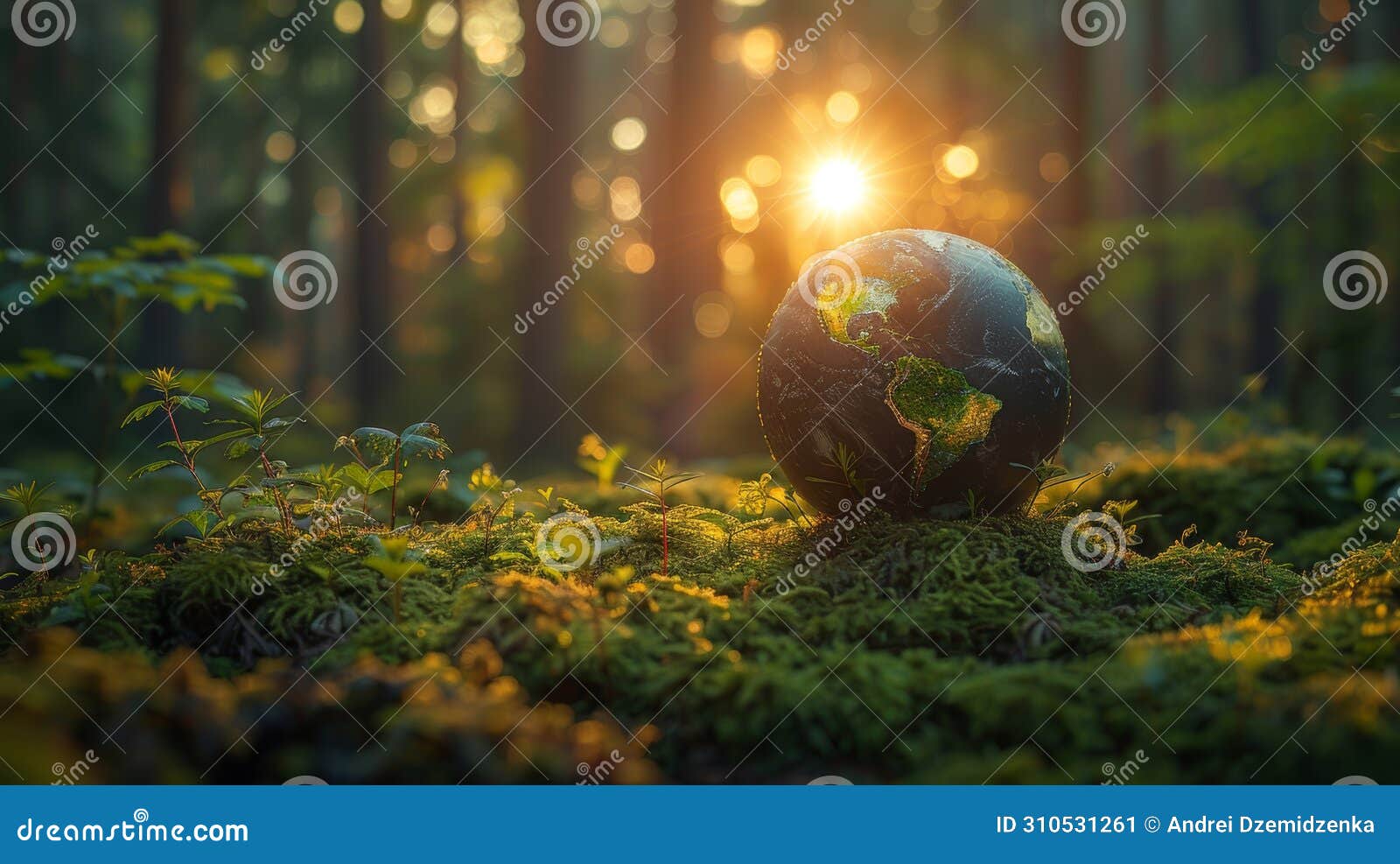 An Earth Day Scene Featuring a Green Globe in a Forest with Moss and ...