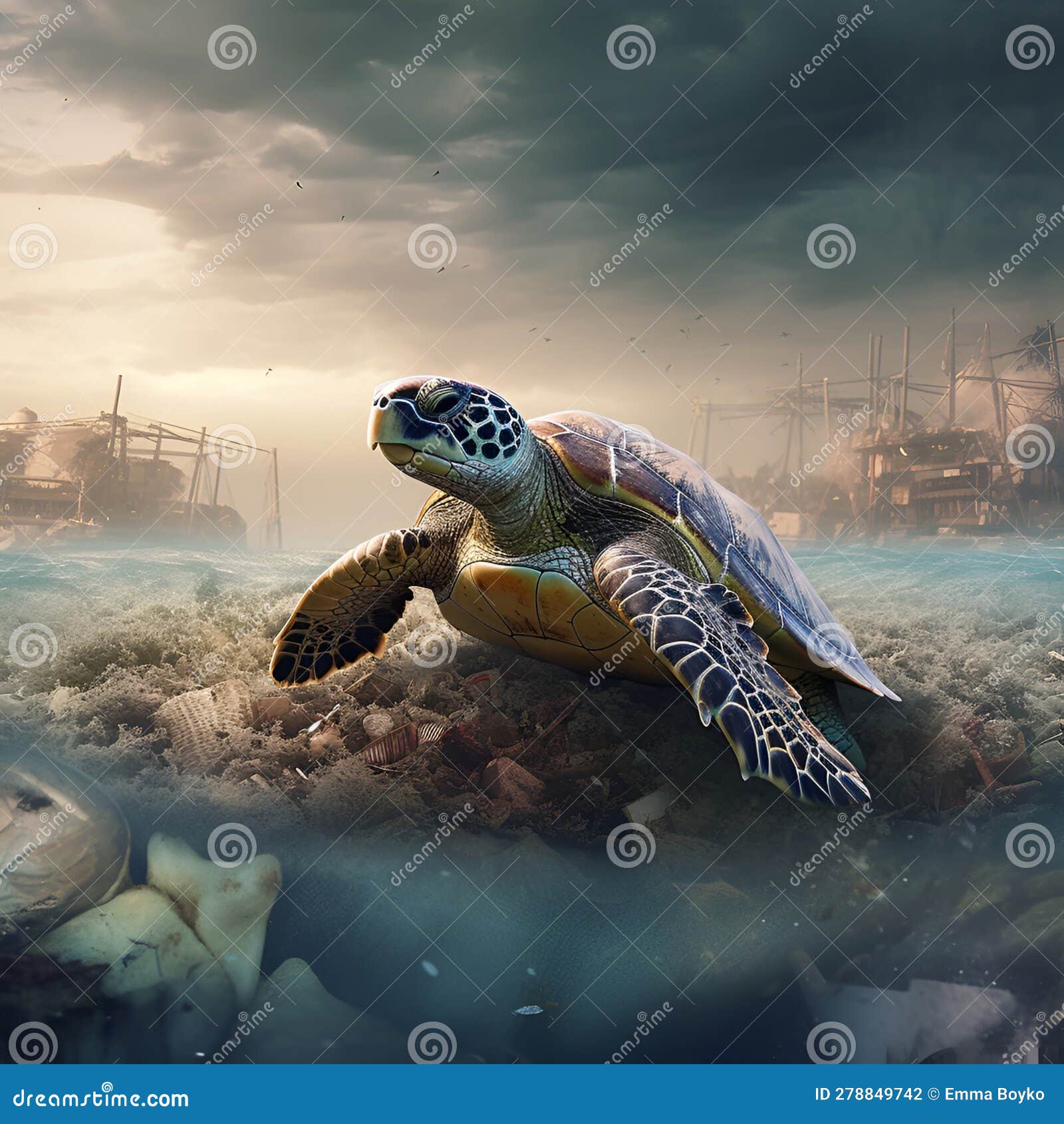 Earth Day, the Theme is the Problem of Ecology, a Turtle in Dirty Water ...