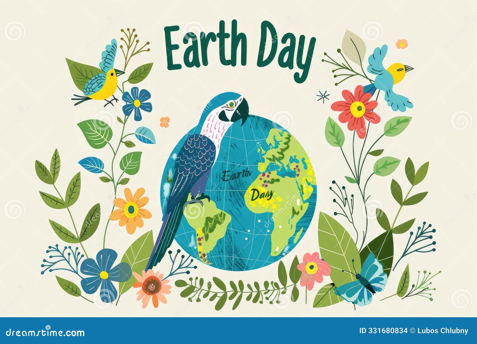 Earth Day Themed Illustration Featuring Birds and Floral Elements Stock ...