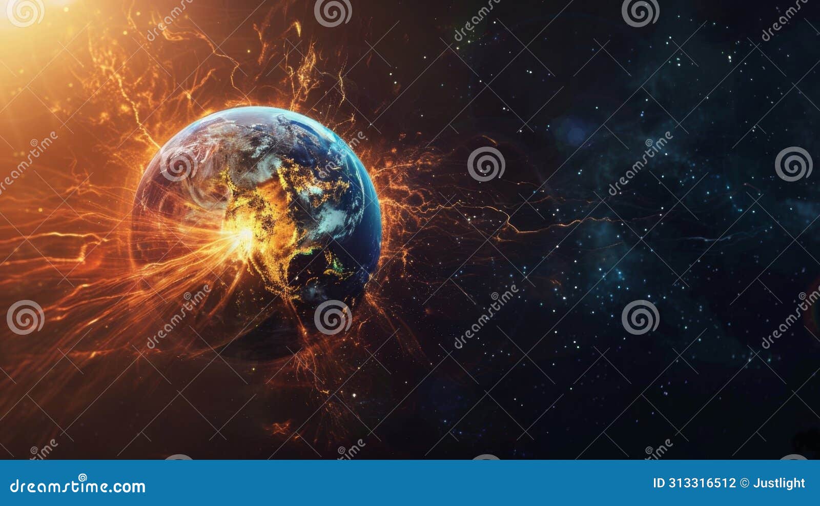 The Earth Depicted with a Burst of Fire Erupting from Its Surface Stock ...