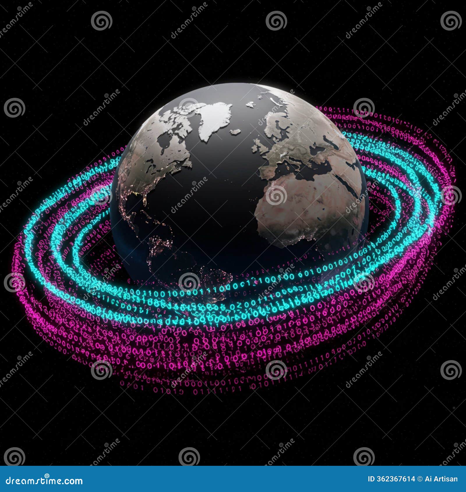 Earth is Depicted in Space, Surrounded by Glowing Rings of Binary Code ...