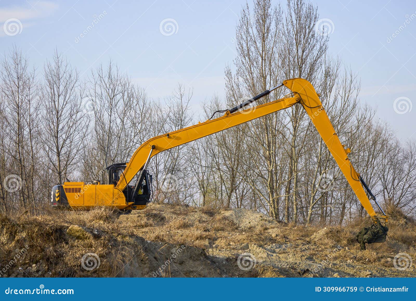 Earth Digger, Excavator, at the River S Shore Stock Image - Image of ...