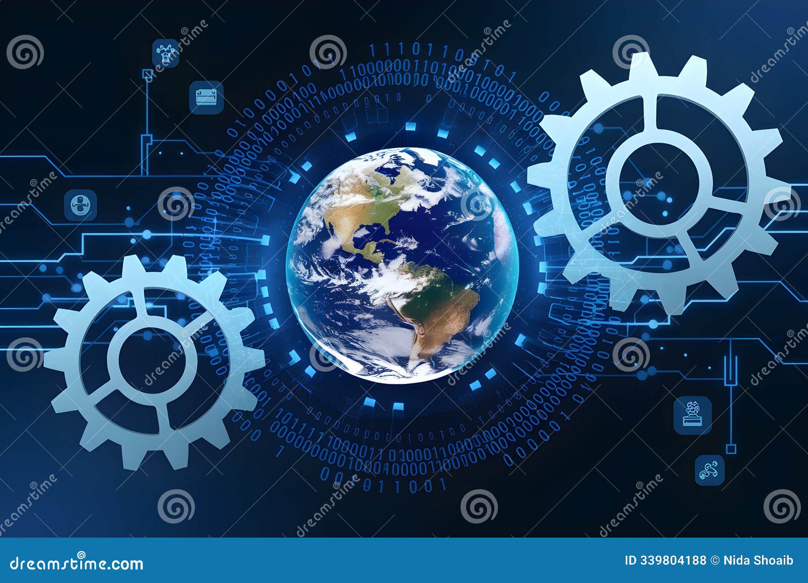 Earth Encircled by Binary Code with Gears, Representing Mechanics and ...