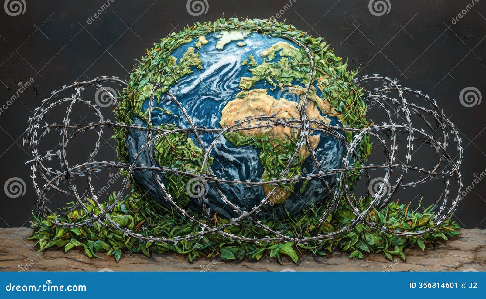 Earth Enveloped in Barbed Wire and Vines Symbolizing Environmental ...