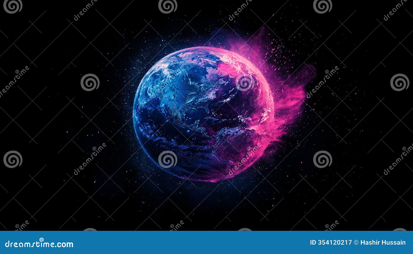 Earth Exploding with Pink and Blue Dust in Space Stock Illustration ...