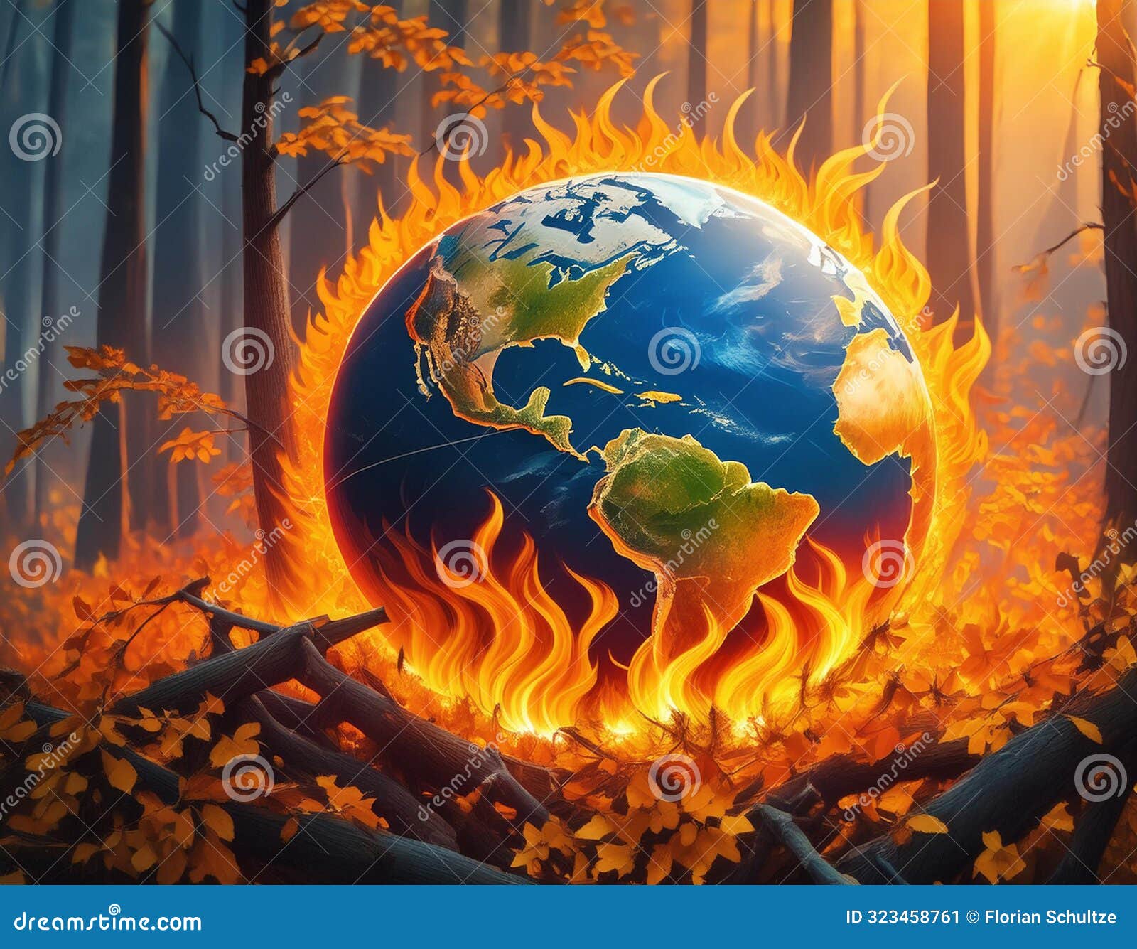 Earth on Fire with Wildfire Forest Fire in Climate Change Stock ...