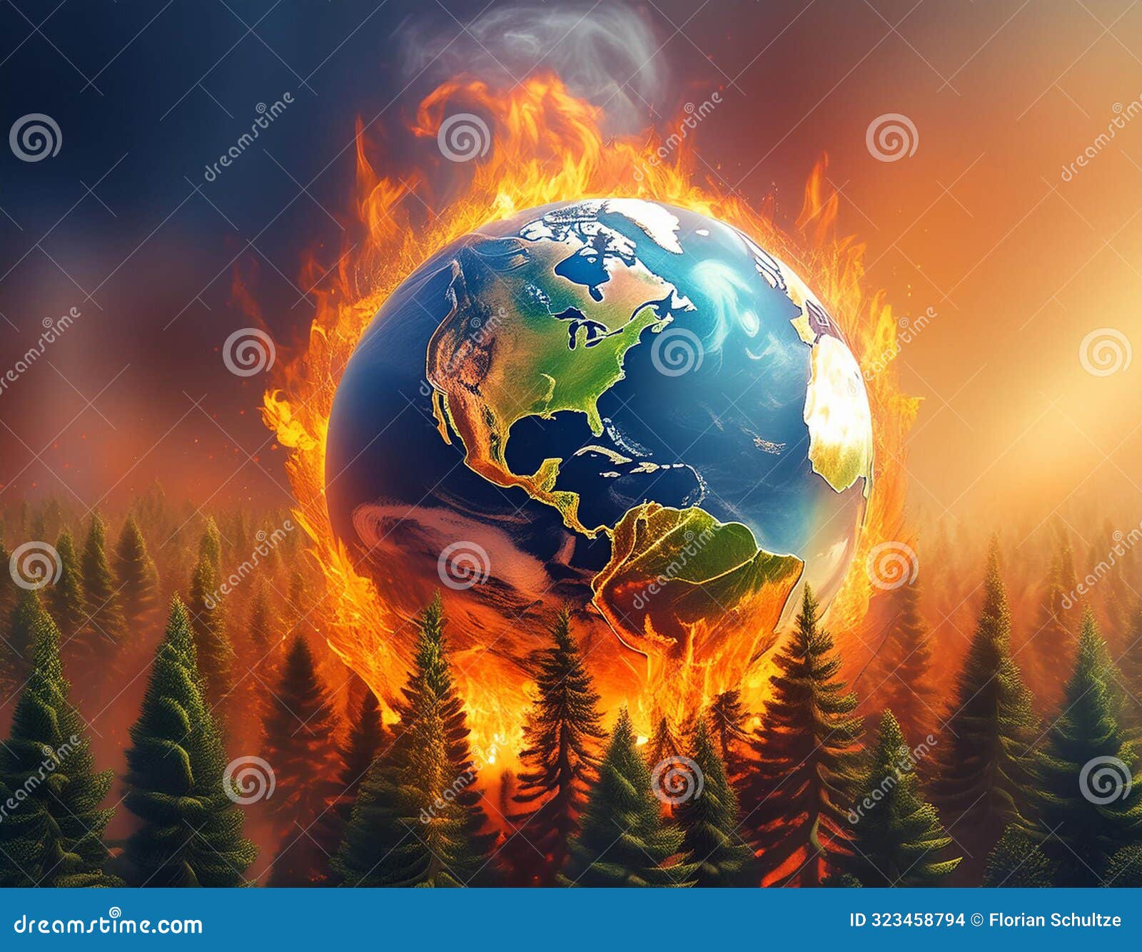 Earth on Fire with Wildfire Forest Fire in Climate Change Stock ...