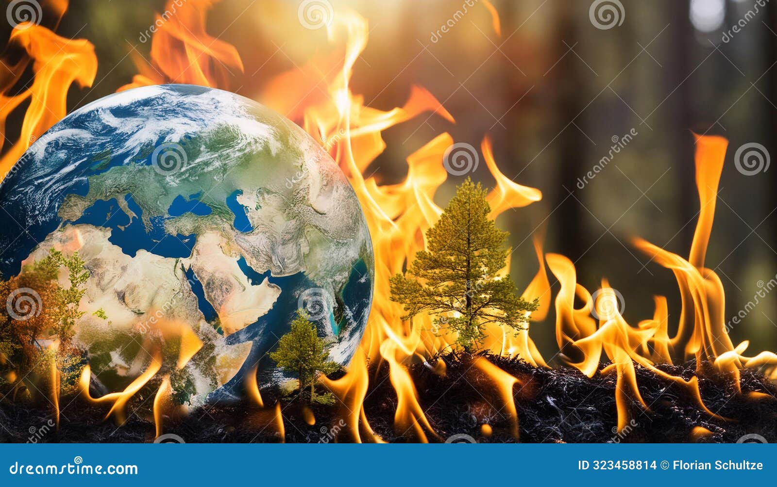 Earth on Fire with Wildfire Forest Fire in Climate Change Stock ...