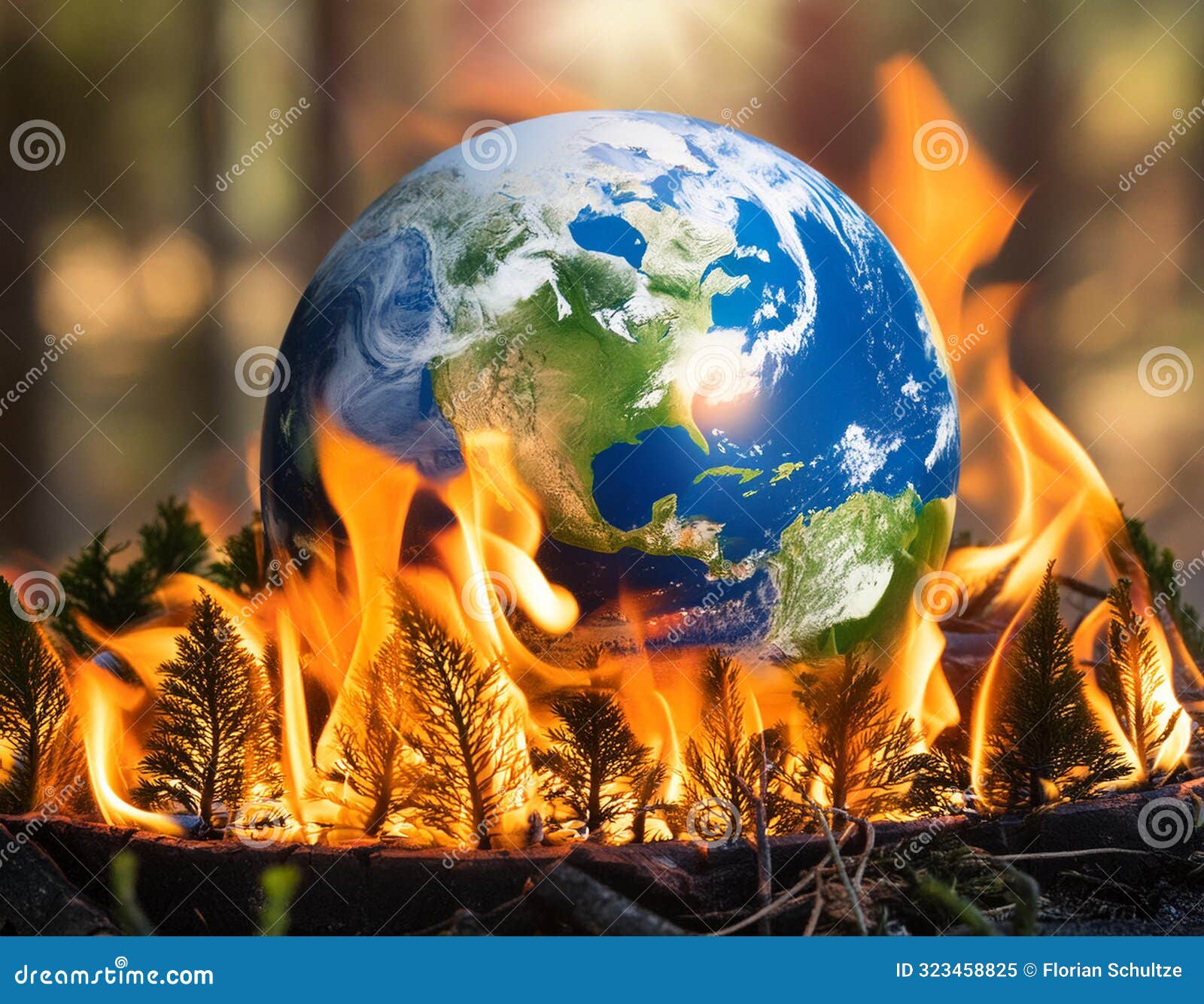 Earth on Fire with Wildfire Forest Fire in Climate Change Stock ...