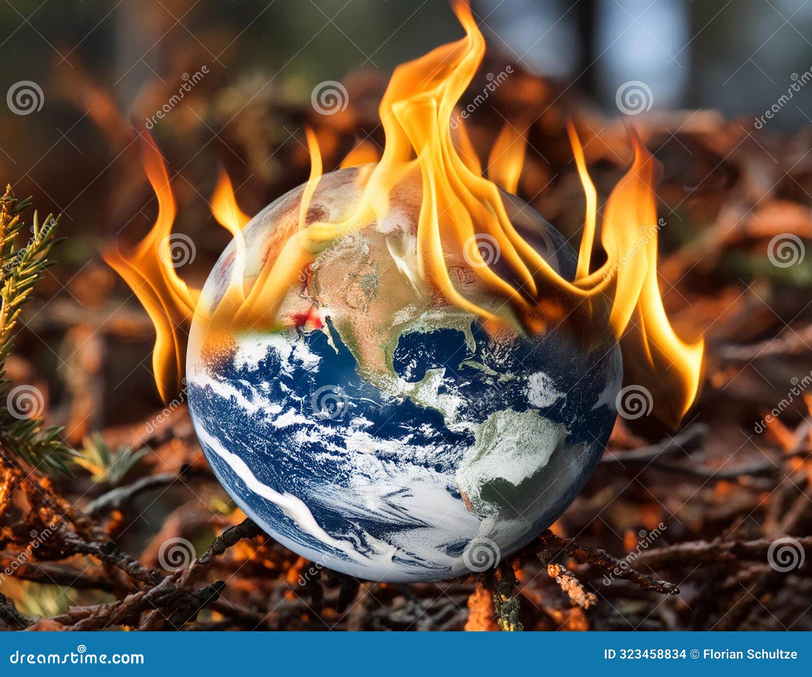 Earth on Fire with Wildfire Forest Fire in Climate Change Stock ...
