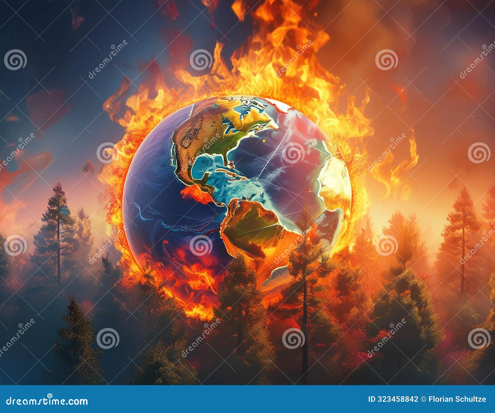 Earth on Fire with Wildfire Forest Fire in Climate Change Stock ...