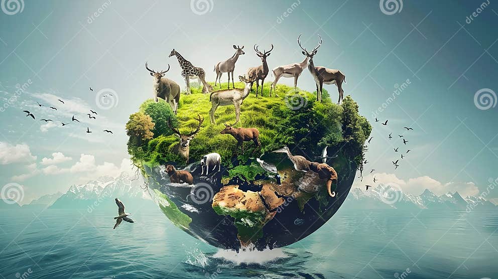 Earth Globe with Animals Illustration Stock Illustration - Illustration ...