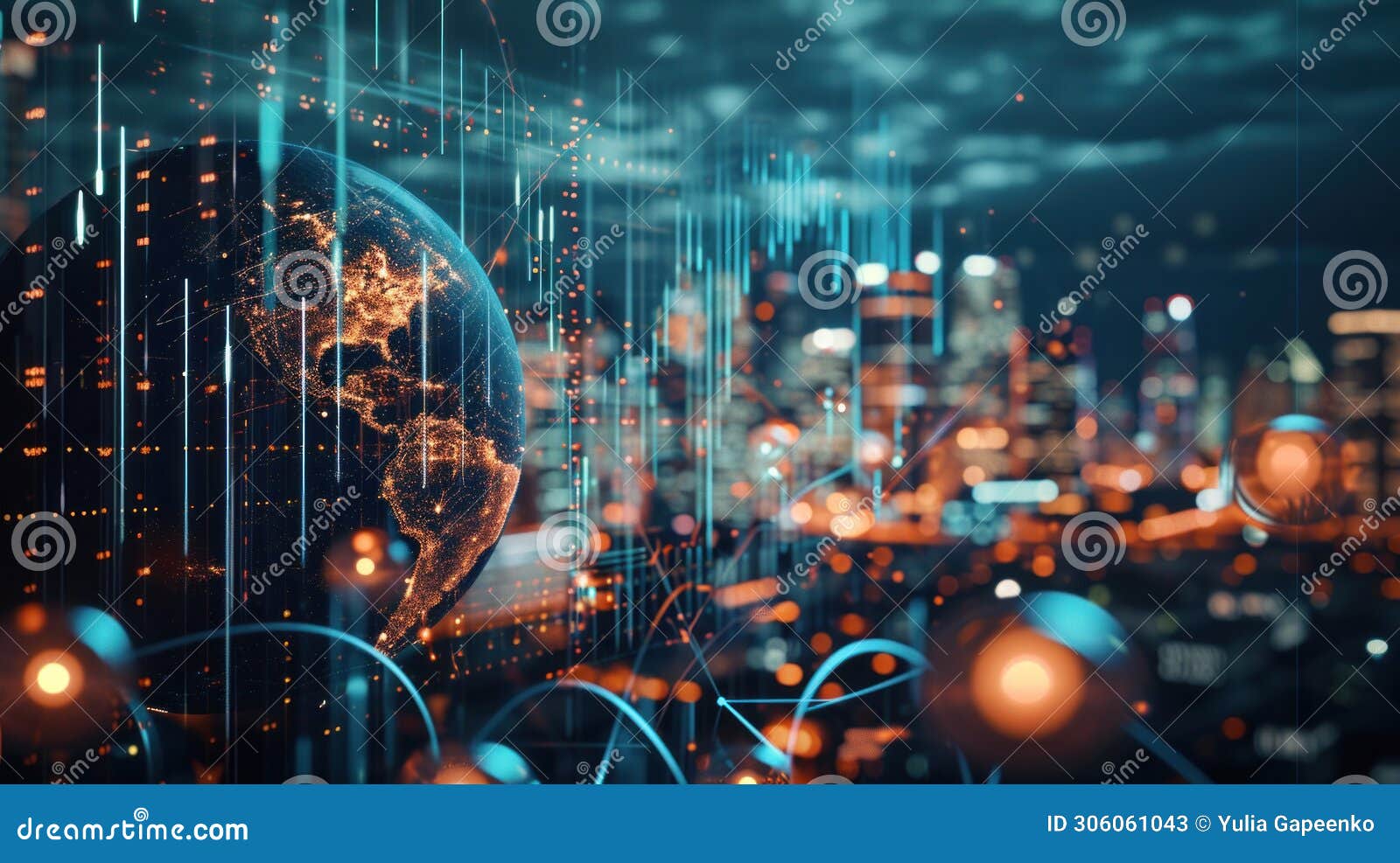 Earth Globe Background With Graph Lines And Charts In A Blue Sky ...