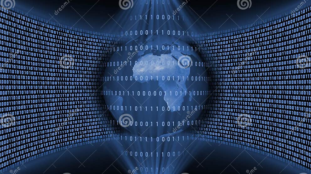 Earth Globe Behind Lines of Binary Code Inside a Light Beam in the ...