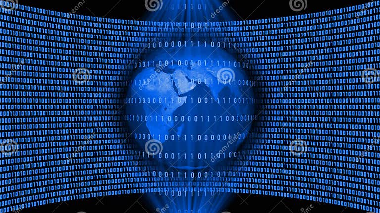 Earth Globe Behind Lines of Binary Code Inside a Light Beam in the ...