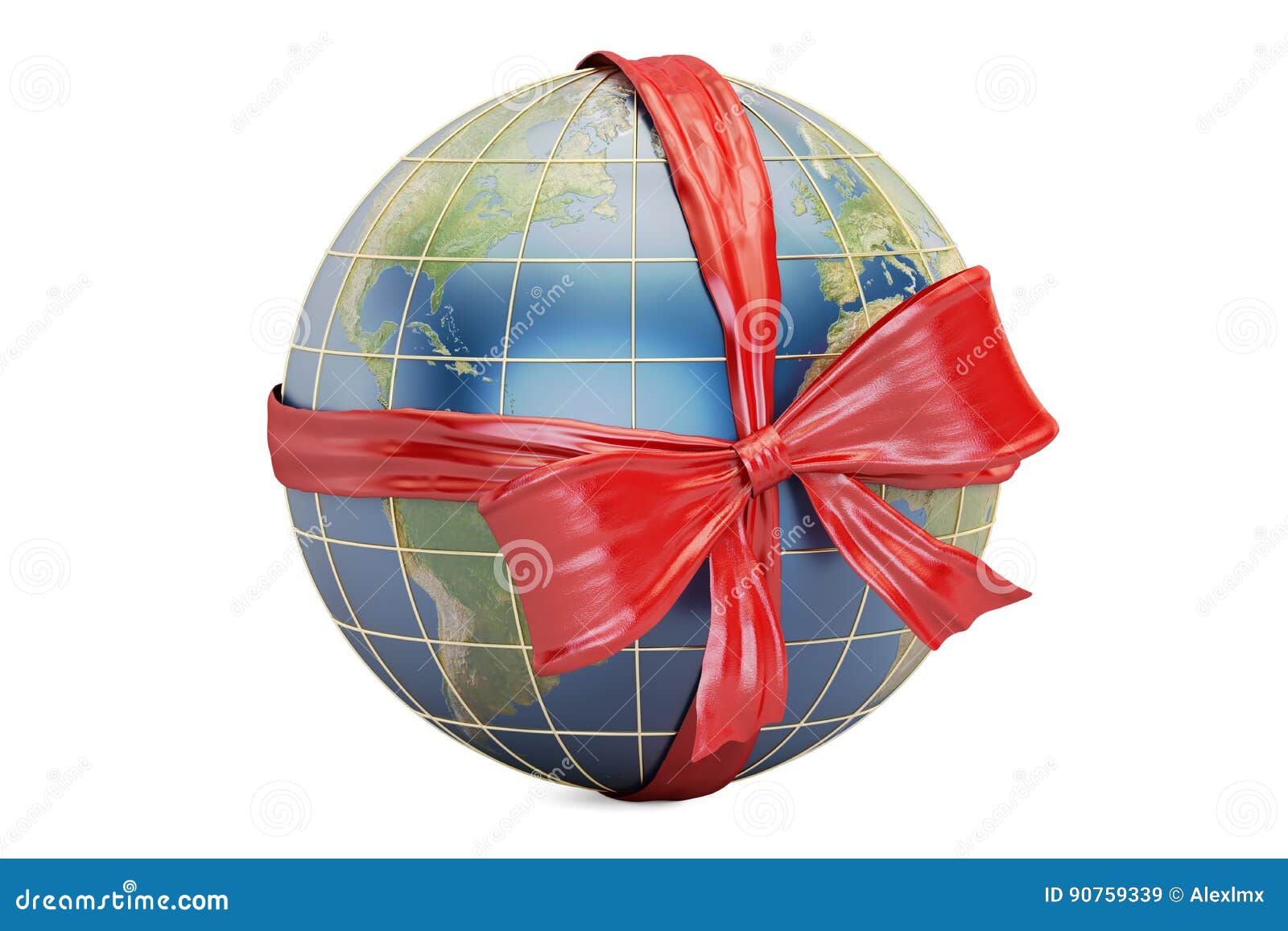 Earth Globe with Bow and Ribbon Closeup, Gift Concept. 3D Render Stock ...