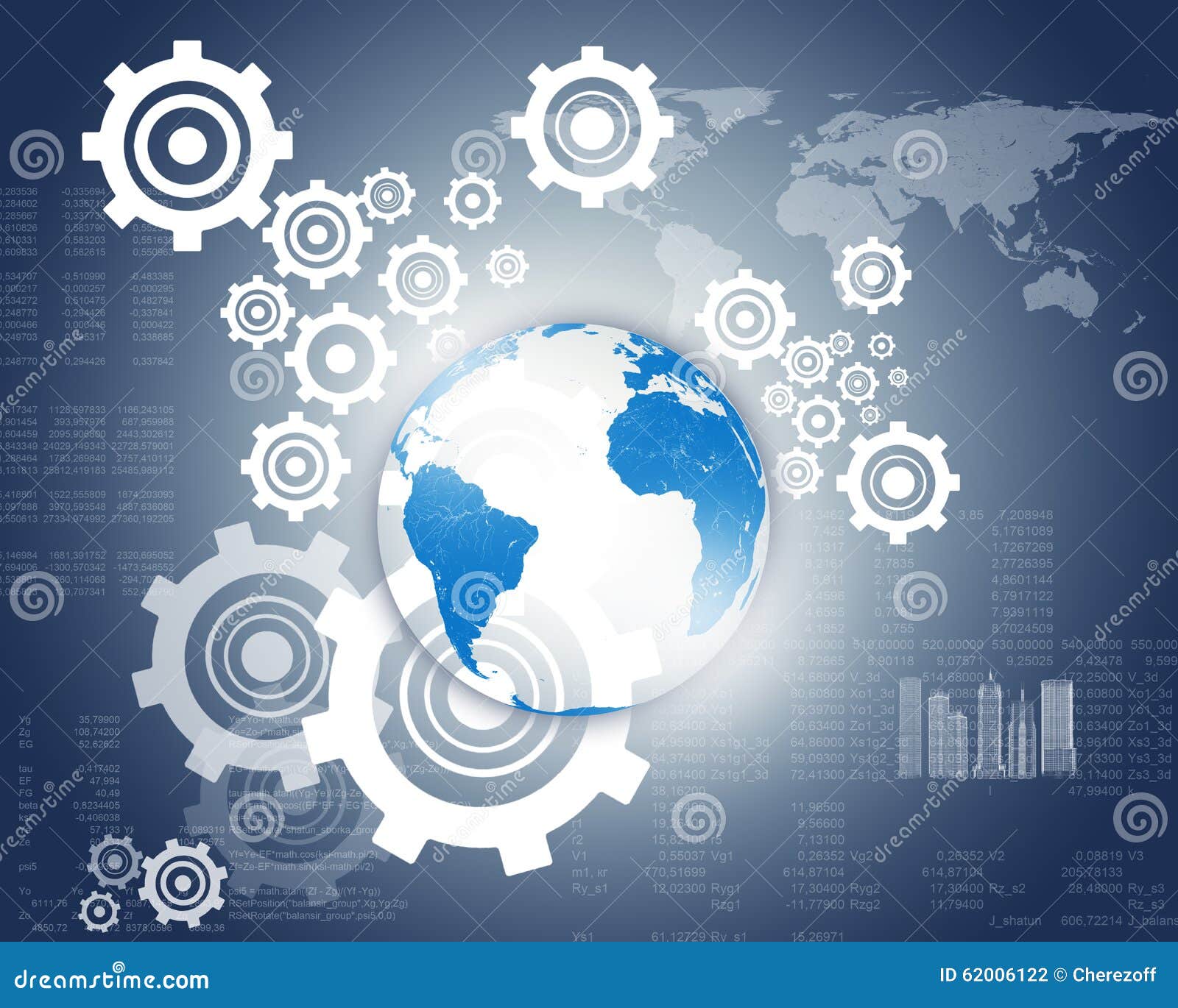 Earth Globe with Cogs and 3d City Model Stock Illustration ...