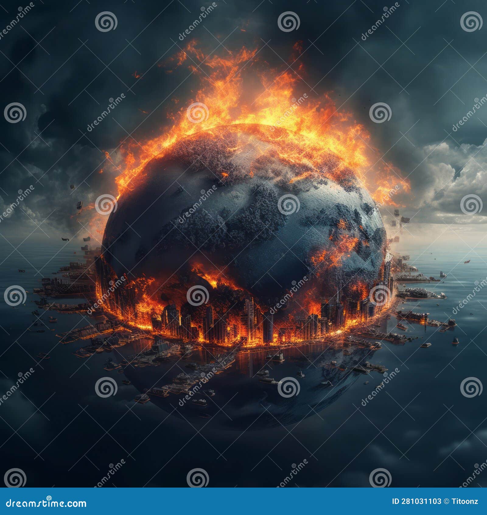 Earth Globe Collapse, Burning, Destroyed by Fire. Conceptual ...
