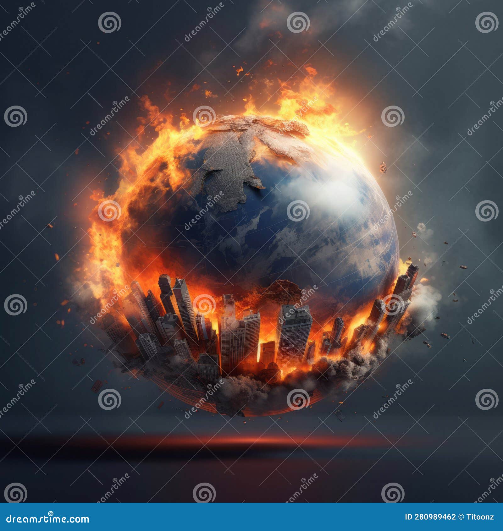Earth Globe Collapse, Burning, Destroyed by Fire Stock Illustration ...