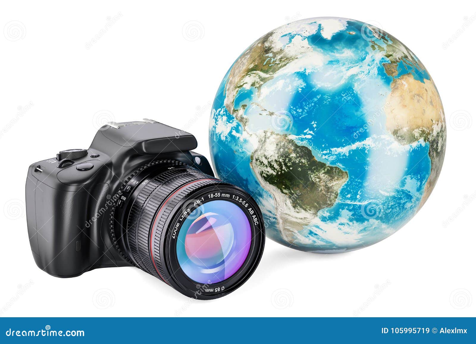 Earth Globe with Digital Single-lens Reflex Camera, 3D Rendering Stock ...