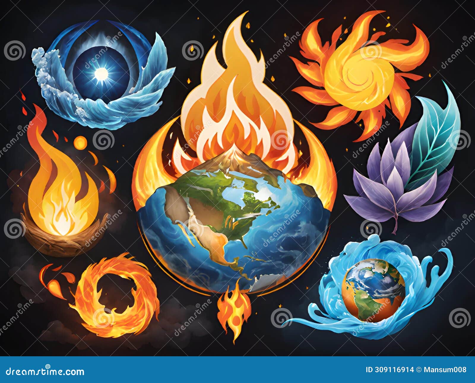 Earth globe with fire stock illustration. Illustration of tree - 309116914