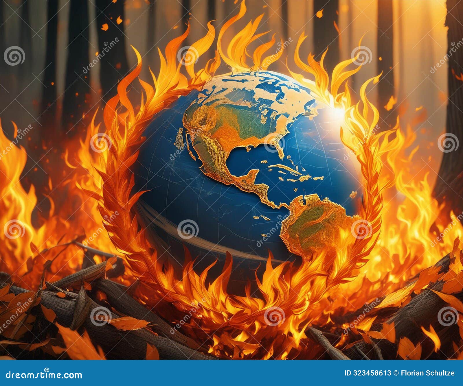 Earth on Fire with Wildfire Forest Fire in Climate Change Stock ...
