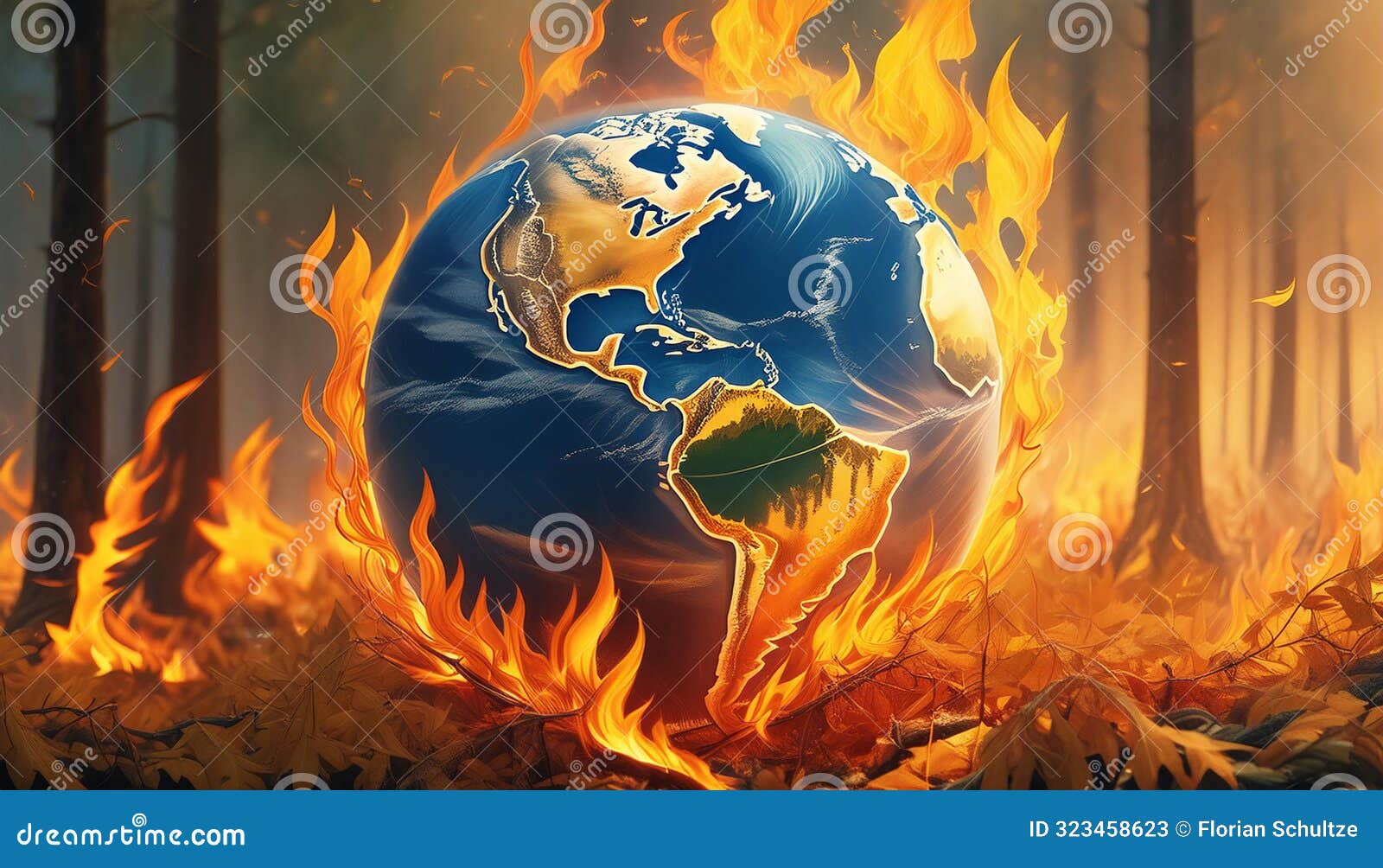 Earth on Fire with Wildfire Forest Fire in Climate Change Stock ...