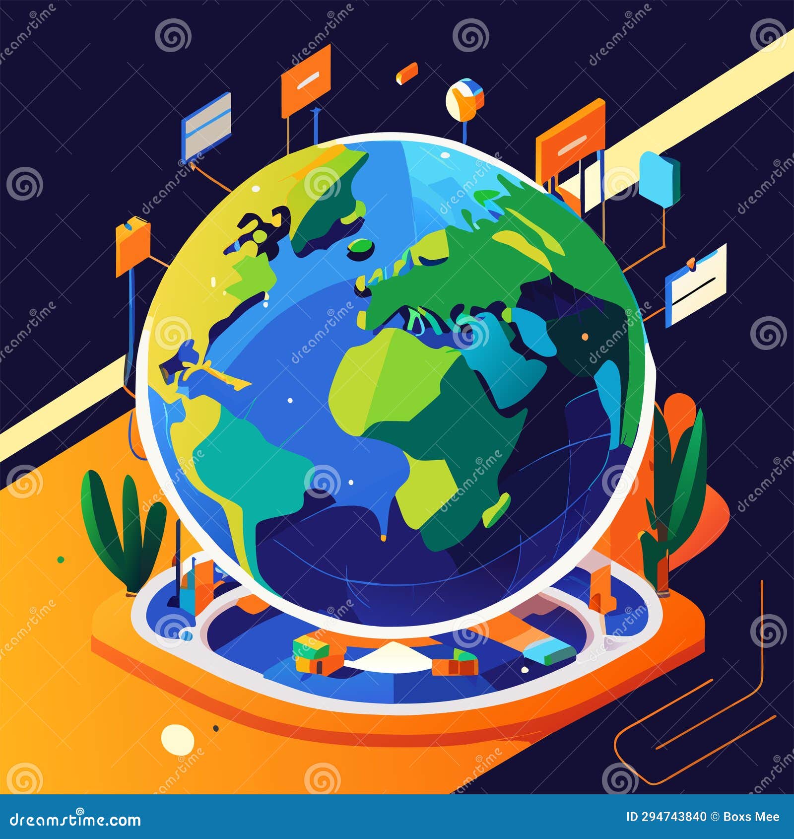 Earth Globe with Flags and Navigation Signs. Vector Illustration in ...