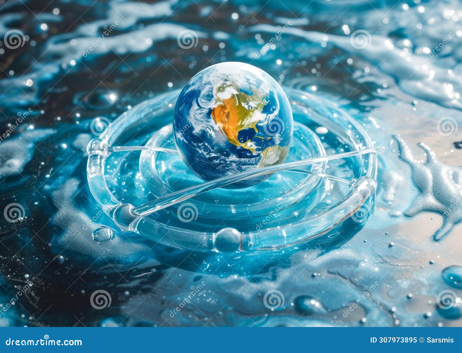 Earth Globe Floating in Water with Ripple Effect and Droplets in Shape ...