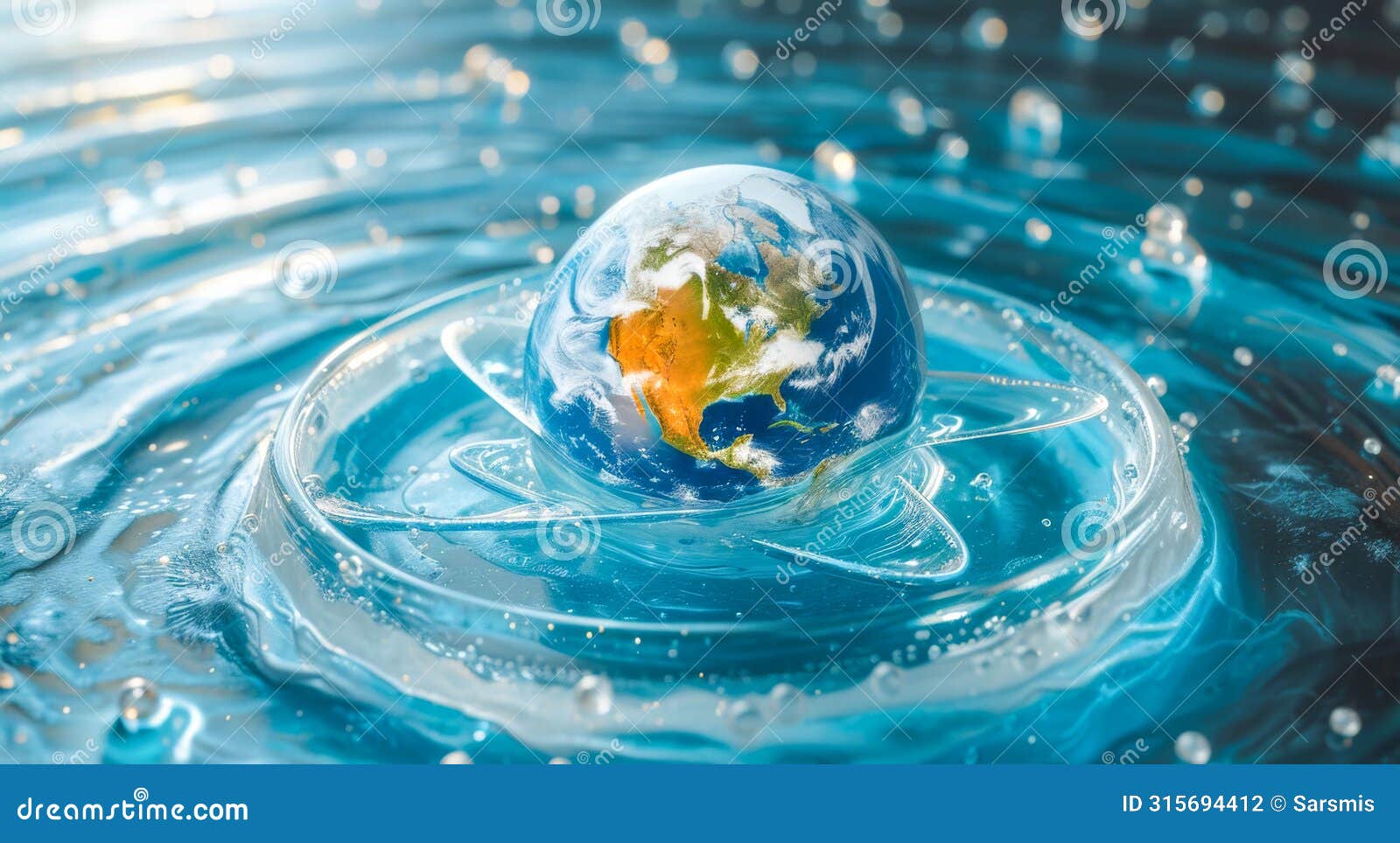 Earth Globe Floating In Water With Ripple Effect And Droplets In Shape ...