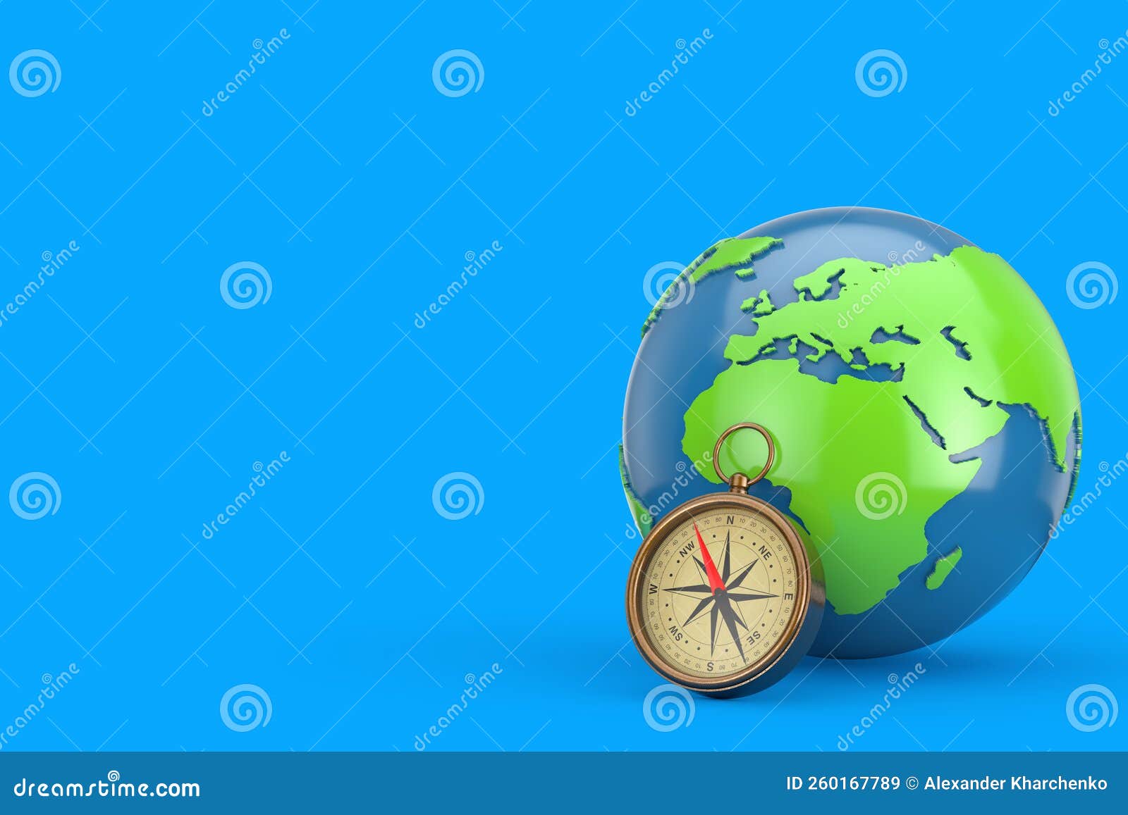 Earth Globe and Glossy Bronze Vintage Compass with Windrose. 3d ...