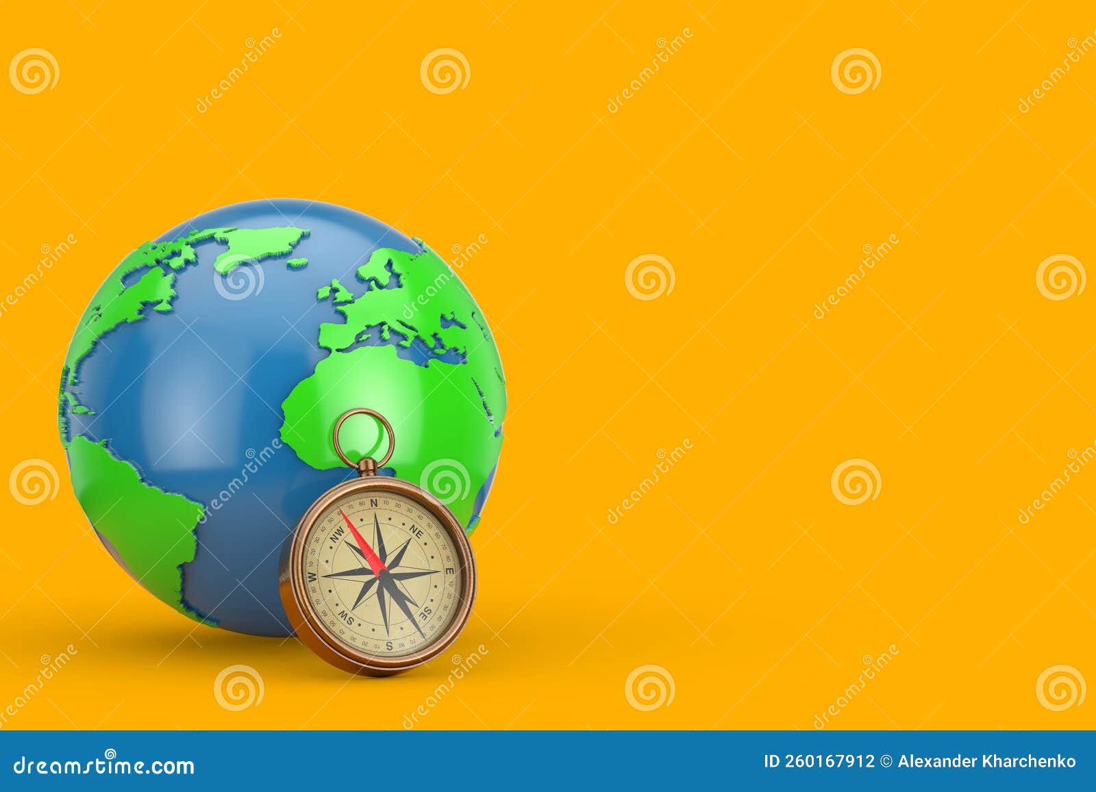 Earth Globe and Glossy Bronze Vintage Compass with Windrose. 3d ...