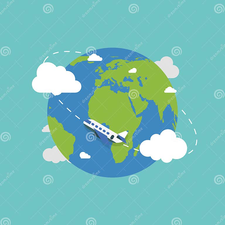 Earth Globe with Plane. Earth in Flat Style. Plane Flying. Earth Stock ...