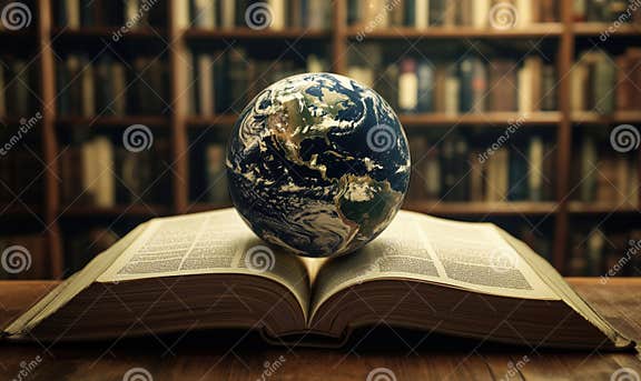 Earth Globe Resting on Open Book Symbolizing Knowledge, Exploration ...