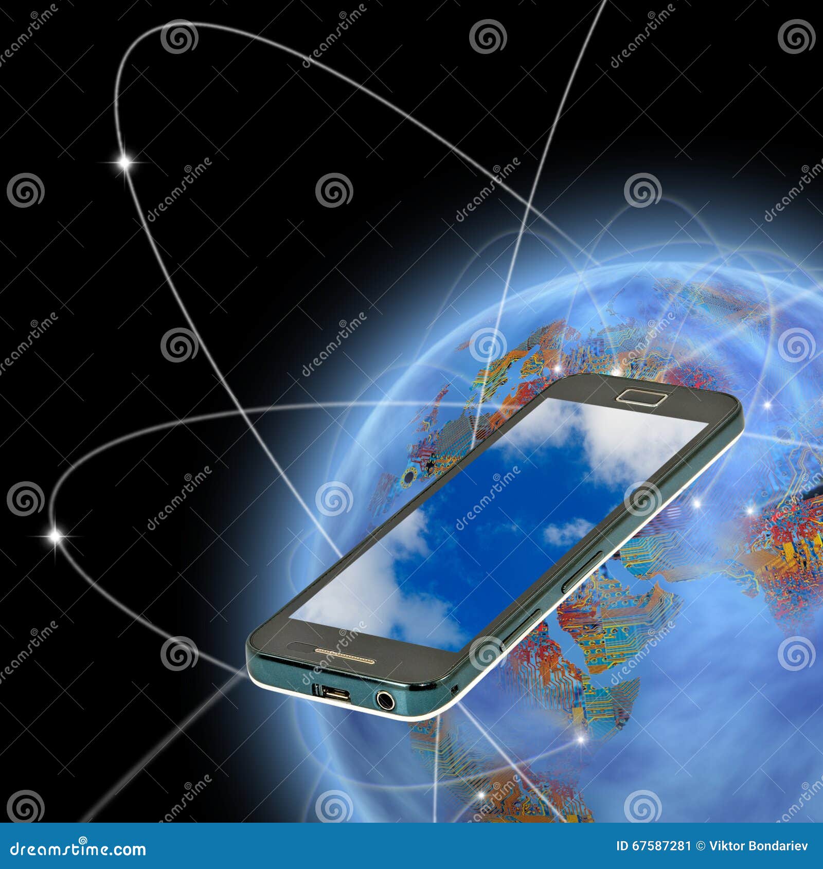 Earth Globe and Smart Phone in Space Closeup Stock Illustration ...