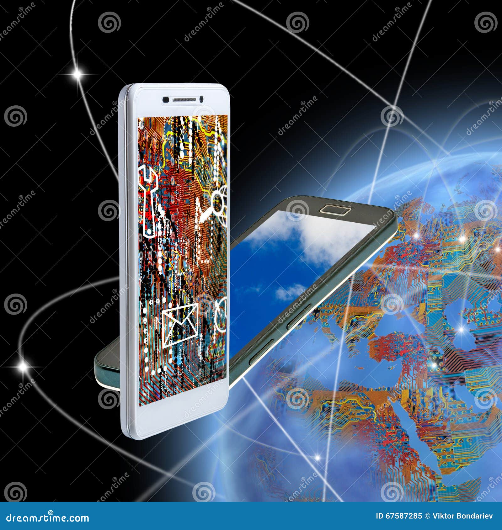 Earth Globe and Smart Phone in Space Closeup Stock Illustration ...