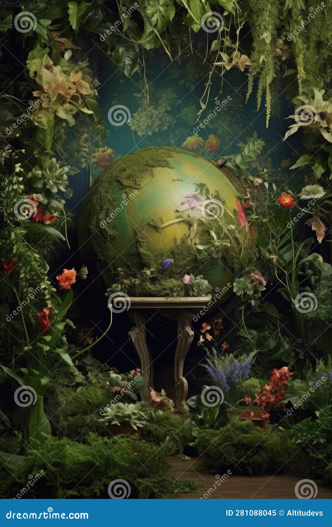 Earth Globe Surrounded by Lush Greenery and Flowers Stock Illustration ...