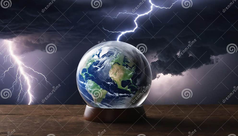 Earth Globe Under Stormy Sky with Lightning Strikes. a Dramatic Image ...
